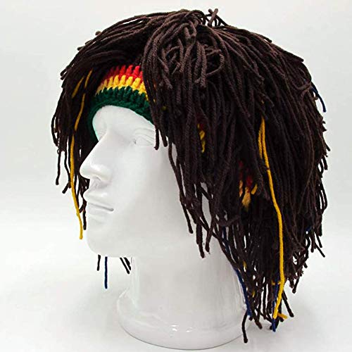 Kirmoo Knit Rasta Beanie Hats for Men Funny Winter Hats for Adults Jamaican Hat with Dreadlocks Fake Dreads Wig (Brown Beanie)