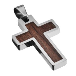 mj metals jewelry personalized tungsten carbide polished hawaiian koa wood inlay cross pendant necklace w/narrow 3mm 18" stainless steel cuban chain