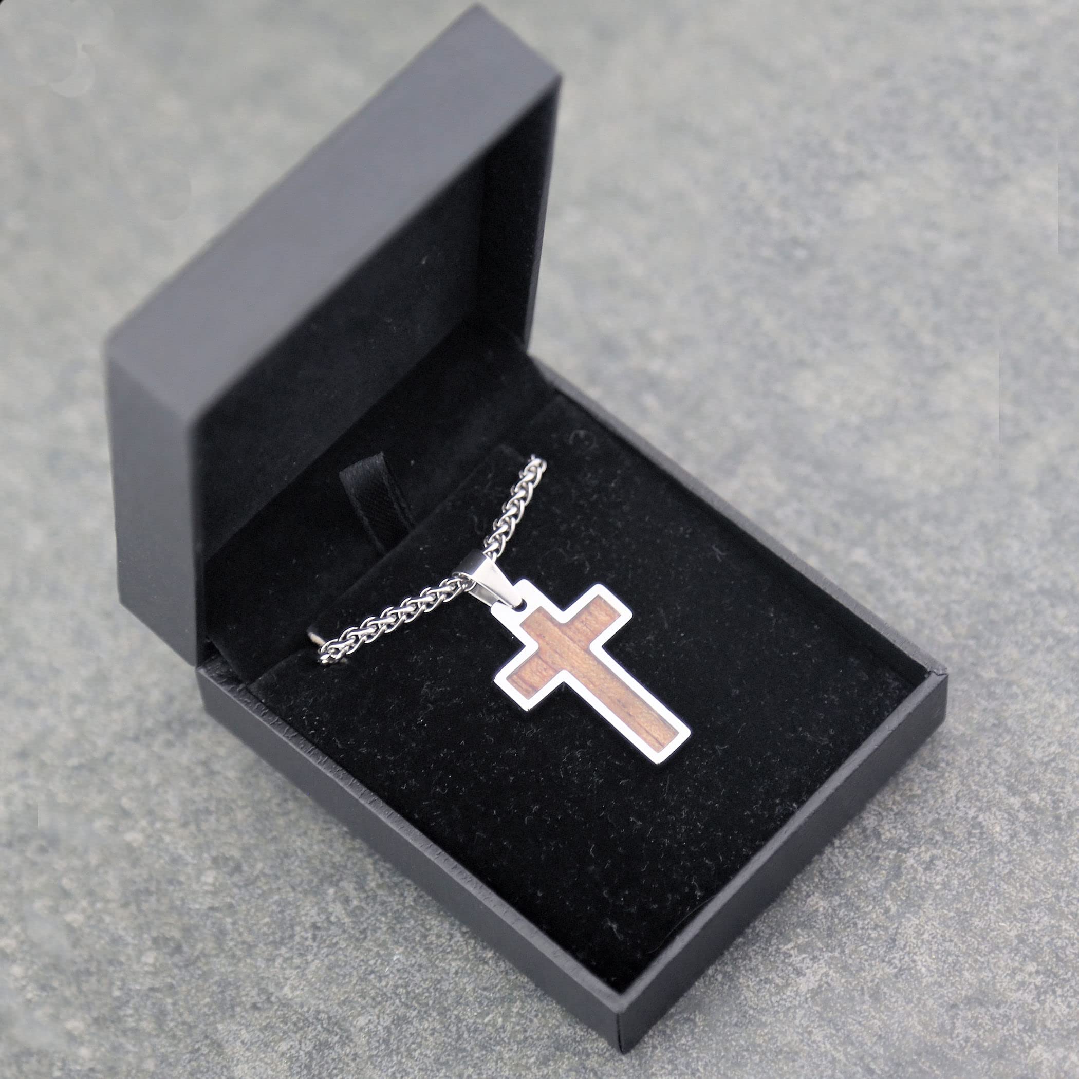 MJ Metals Jewelry Personalized Tungsten Carbide Polished Hawaiian Koa Wood Inlay Cross Pendant Necklace w/Narrow 3mm 18" Stainless Steel Cuban Chain