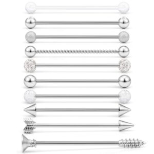 dyknasz industrial bar earring 14 gauge 10pcs matte gilitter braided ball arrow screw crystal cz clear ball industrial barbell cartilage earrings body piercing jewelry women men 1 1/2inch silver-tone