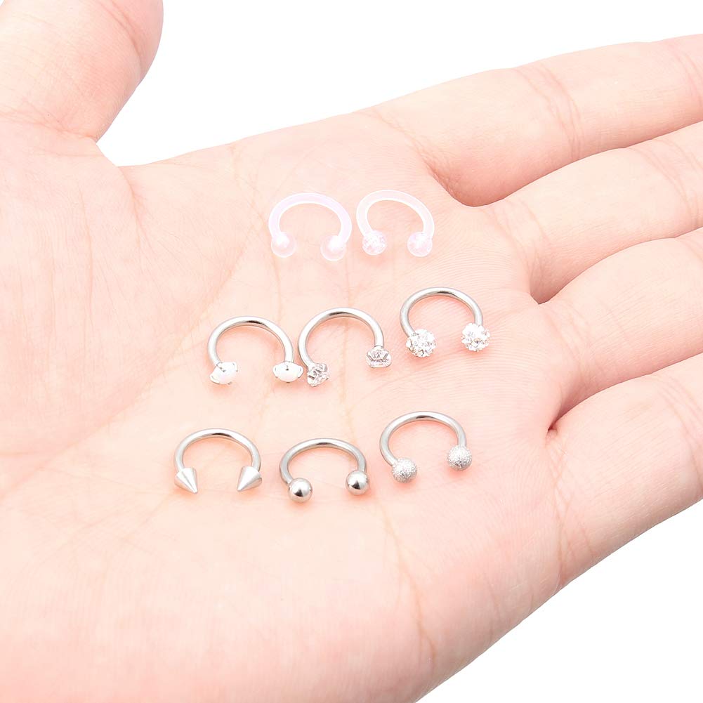 Dyknasz Horseshoe Circular Barbell Clear CZ Opal Stone Nose Septum Rings Hoop Retainer for Women Men Helix Cartilage Tragus Earring 316L Surgical Steel 16G 5/16"(8mm) Silver-Tone