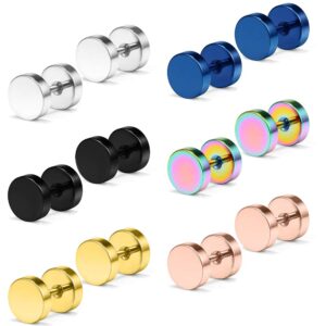 dyknasz flat back earrings surgical steel mens womens stud earrings ear plugs tunnel punk style piercing jewelry 6 pairs 6mm fake faux gauge barbell earrings silver rose gold black rainbow