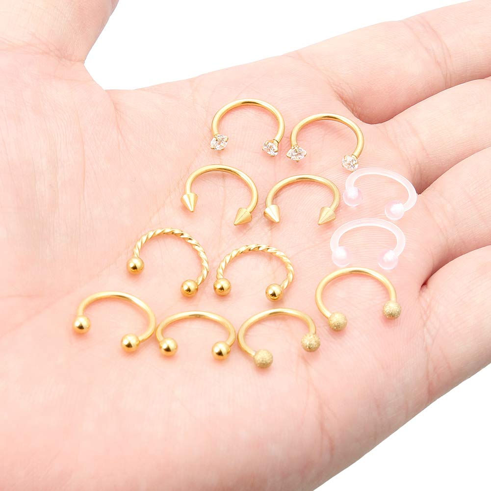 Dyknasz Horseshoe Circular Barbell Clear Diamond CZ Braided Barbell Nose Septum Rings Hoop Helix Cartilage Earring Surgical Steel Piercing Jewelry Retainer for Women Men 16G 10mm Gold-Tone