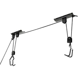 bike hoist for garage ceiling storage, heavy duty bicycle lift mountain bicycle hanging rack with 3 pulley and 45 ft adjustable rope | 100 lb capacity