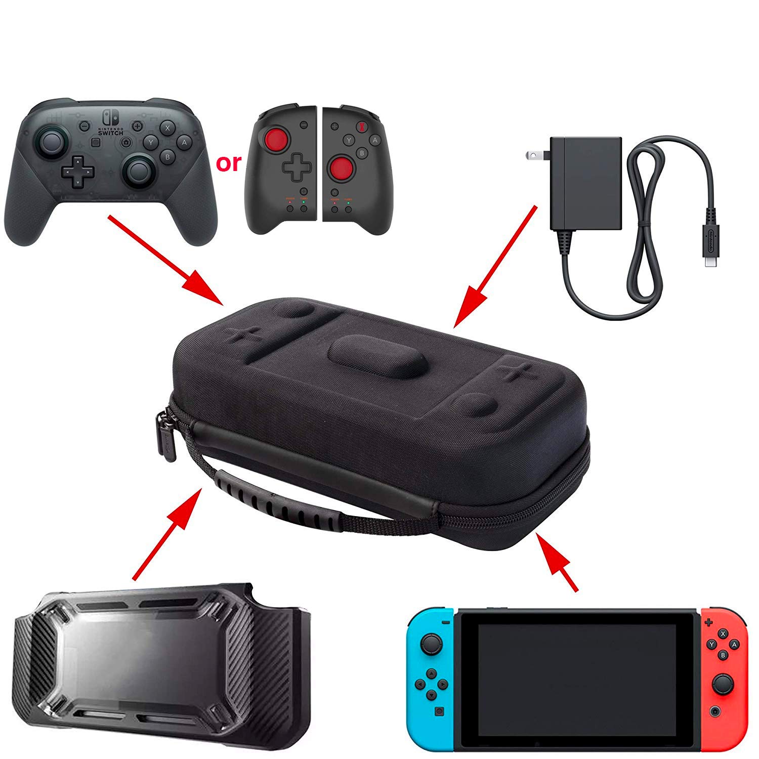 ButterFox Extra Large Switch Case for Nintendo Switch OLED, Fits Nintendo Pro Controller or Hori Split Pad Pro Controller, Wall Charger AC Adapter, 8 Game Card Holders - Black