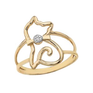 women's 10k yellow gold split shank band diamond openwork cat with bow tie ring (size 9)