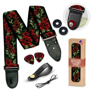 art tribute guitar strap woven adjustable w/free bonus 2 picks + strap locks + strap button. rose flowers guitar strap for bass, electric & acoustic guitar. best gift for men & women guitar players