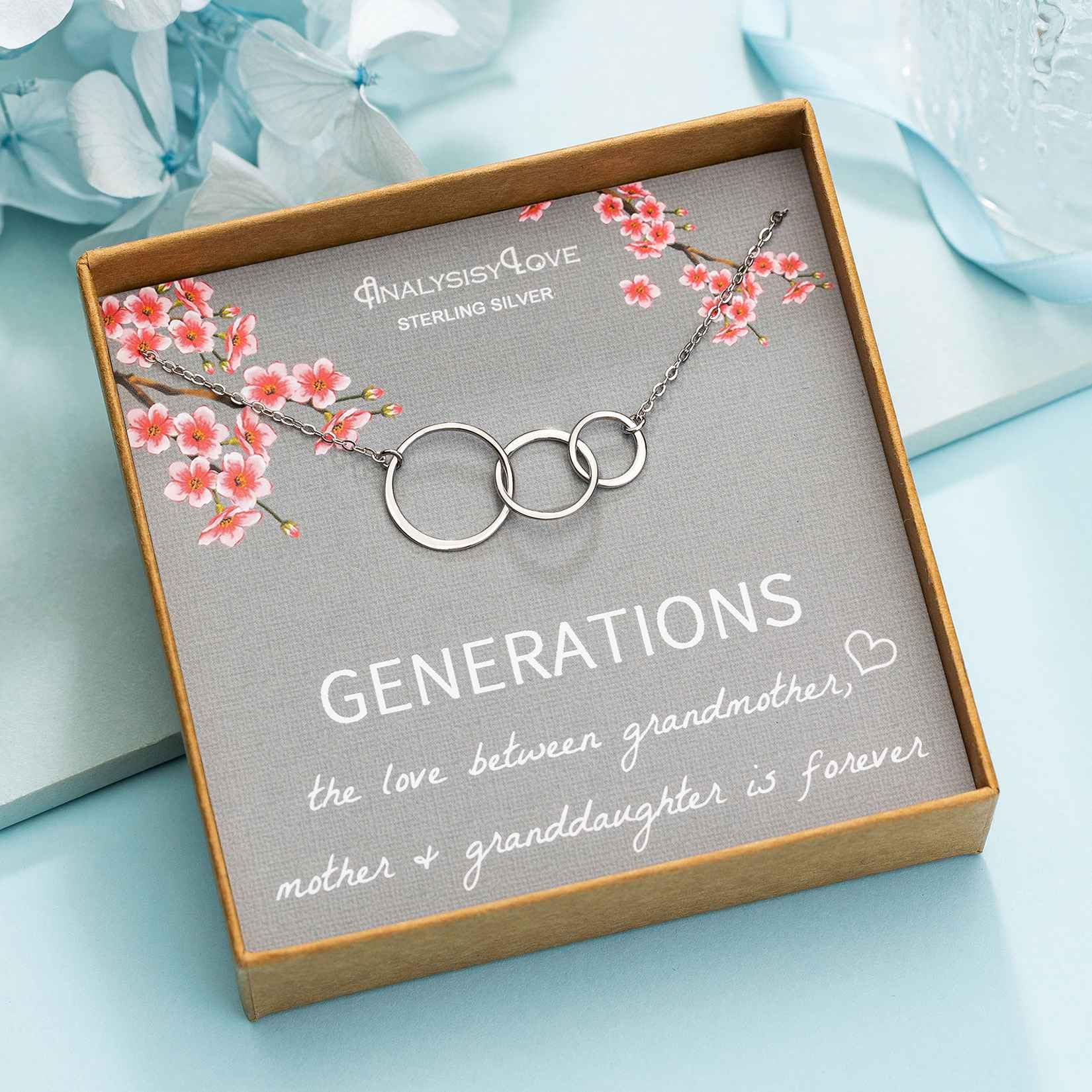 AnalysisyLove 3 Generations Necklace - Sterling Silver Interlocking Infinity 3 Circles Necklace for Grandma Mom Granddaughter, Birthday Jewelry Mothers Day Gift