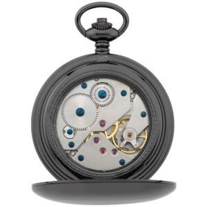 Gotham Men's Gunmetal Railroad Dial Double Hunter 17 Jewel Mechanical Pocket Watch # GWC18806B