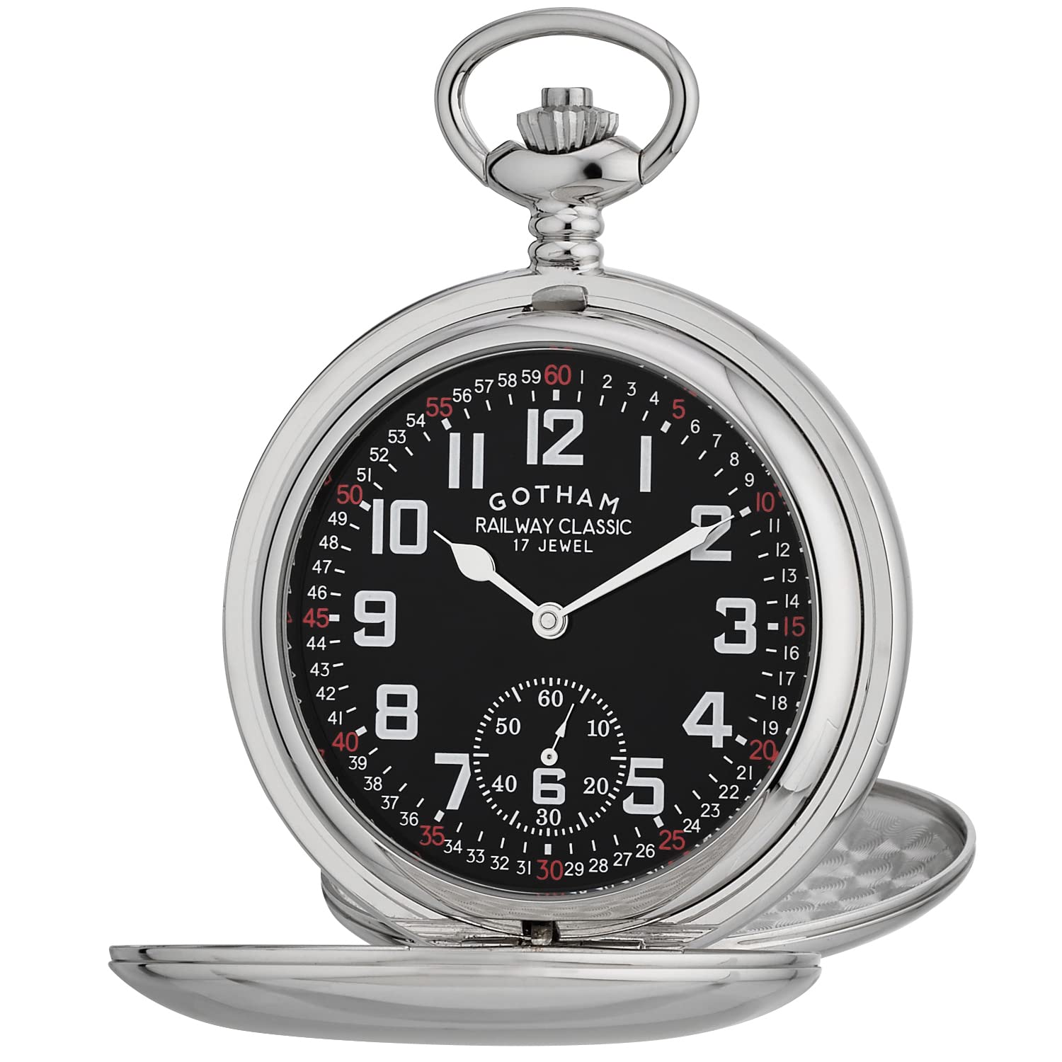 Gotham Men's Silver-Tone Railroad Dial Double Hunter 17 Jewel Mechanical Pocket Watch # GWC18806SB