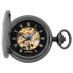 gotham men's gunmetal 17 jewel half hunter mechanical pocket watch # gwc14036bbk