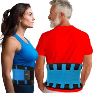 riptgear back brace for lower back pain relief - breathable back brace for men and women - ideal for lifting, work, sciatica, herniated disc, and lumbar support - blue, large (waist: 32"-35")