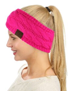 c.c soft stretch winter warm cable knit fuzzy lined ear warmer headband, neon hot pink