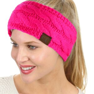 C.C Soft Stretch Winter Warm Cable Knit Fuzzy Lined Ear Warmer Headband, Neon Hot Pink