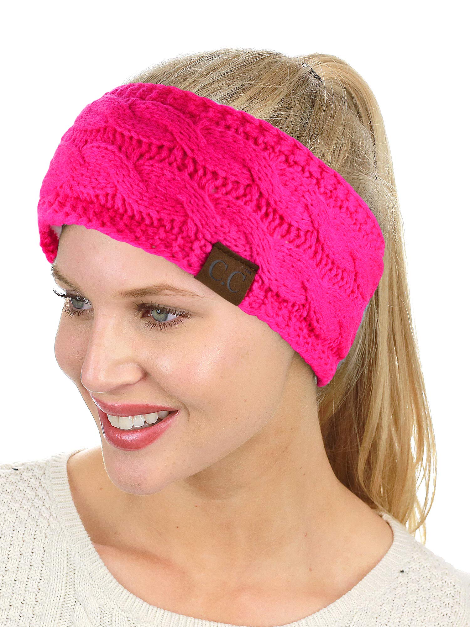 C.C Soft Stretch Winter Warm Cable Knit Fuzzy Lined Ear Warmer Headband, Neon Hot Pink