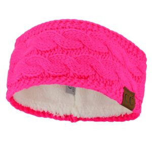 C.C Soft Stretch Winter Warm Cable Knit Fuzzy Lined Ear Warmer Headband, Neon Hot Pink