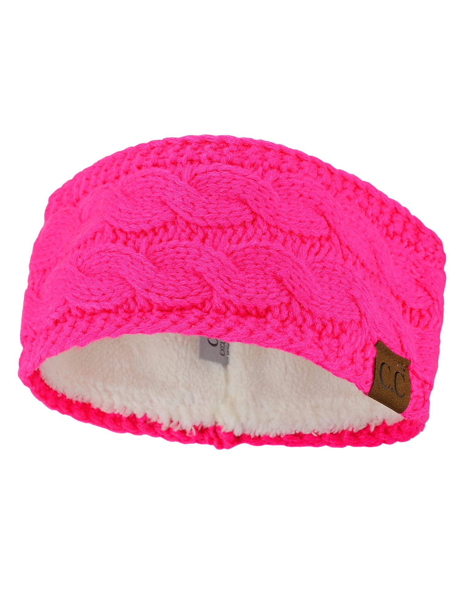 C.C Soft Stretch Winter Warm Cable Knit Fuzzy Lined Ear Warmer Headband, Neon Hot Pink