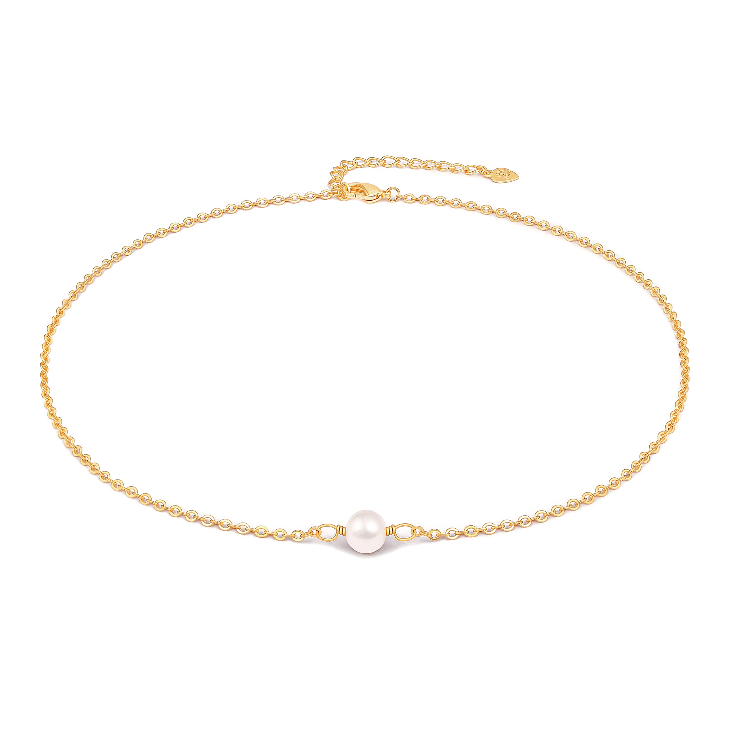 Aobei Pearl Single Cultured Pearl Choker 18K Gold Chain White Bead Necklace Layering Minimalist Jewelry for Women 15’’