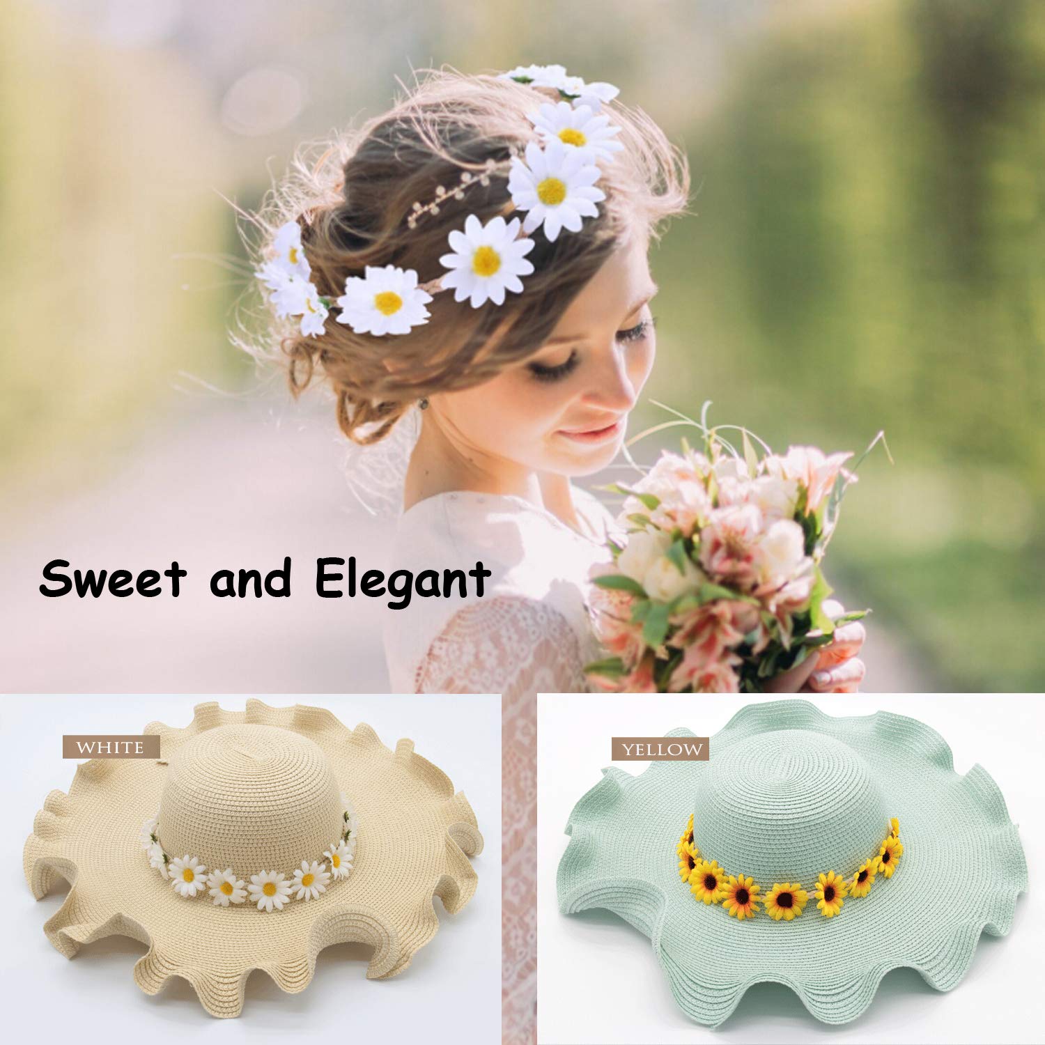 Honbay 2PCS Fashion Flower Headband Sunflower Hair Wreath Festival Hair Band Bridal Headpiece (yellow+white)