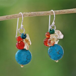 NOVICA Handmade 925 Sterling Silver Multigemstone Dangle Earrings Beaded from Thailand Carnelian Citrine Howlite Serpentine Cluster Birthstone [1.5 in L x 0.6 in W] 'Colorful Wonder'