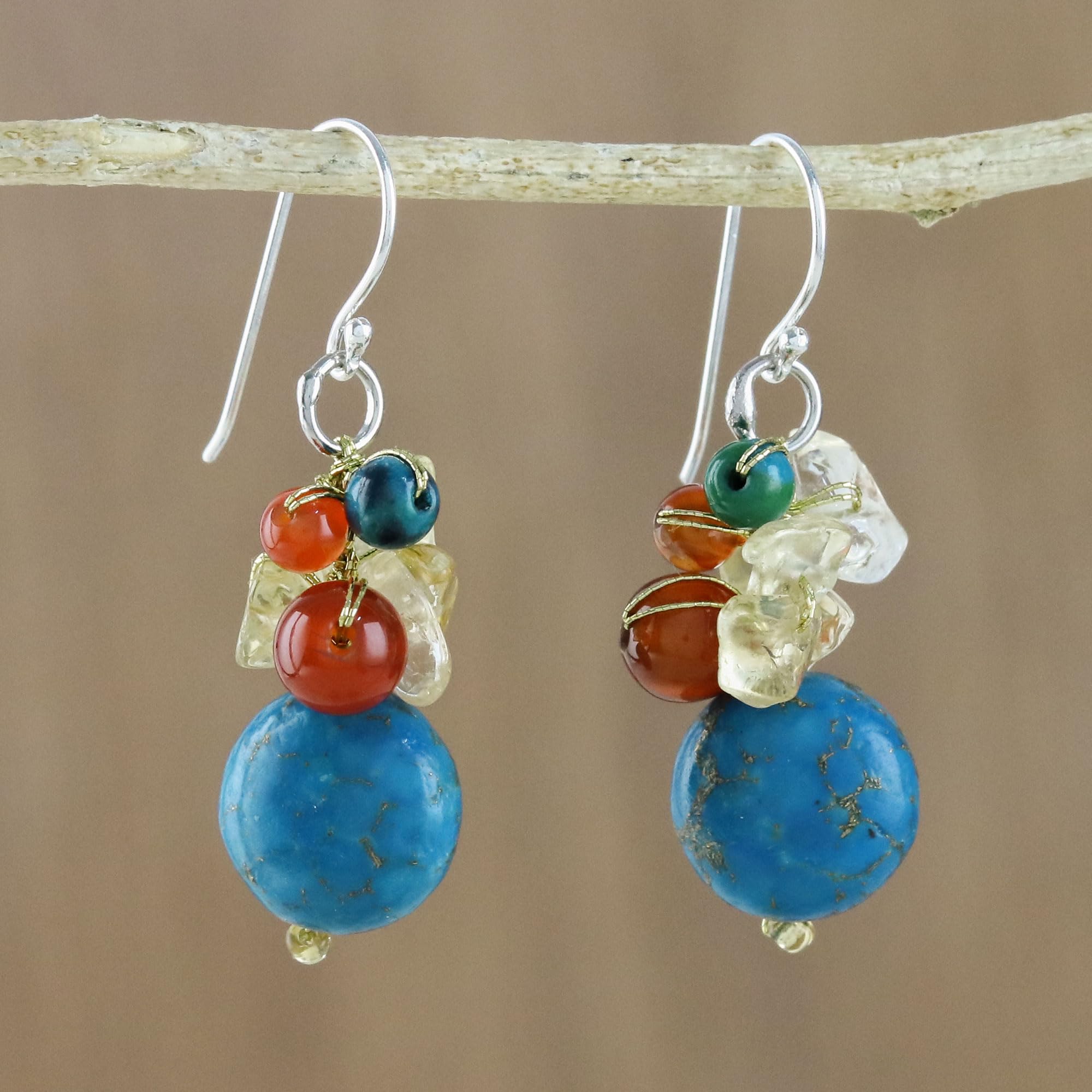 NOVICA Handmade 925 Sterling Silver Multigemstone Dangle Earrings Beaded from Thailand Carnelian Citrine Howlite Serpentine Cluster Birthstone [1.5 in L x 0.6 in W] 'Colorful Wonder'