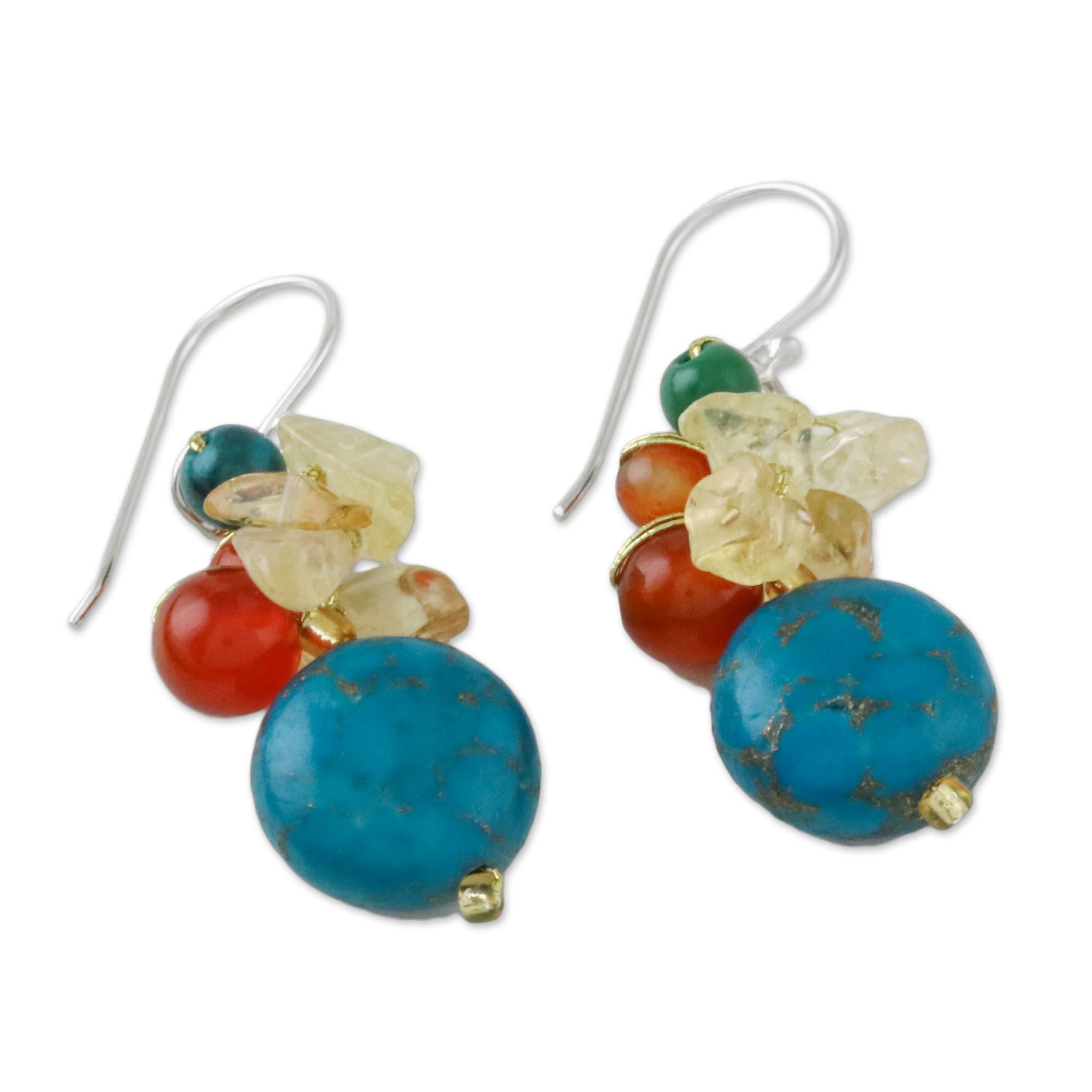 NOVICA Handmade 925 Sterling Silver Multigemstone Dangle Earrings Beaded from Thailand Carnelian Citrine Howlite Serpentine Cluster Birthstone [1.5 in L x 0.6 in W] 'Colorful Wonder'