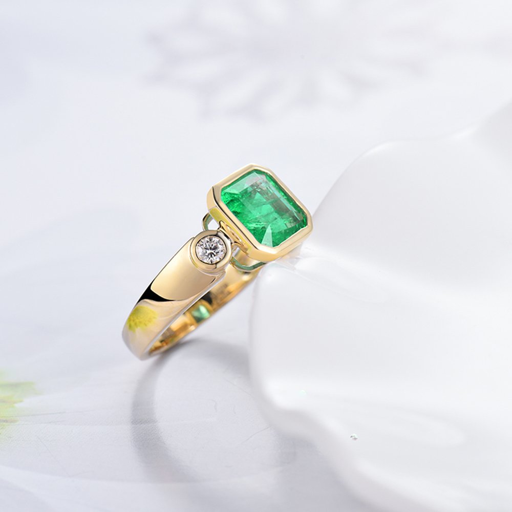 Lanmi 14K Yellow Gold Natural Green Emerald Diamonds Rings Engagement Wedding Band for Women Promotion