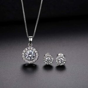 Harlorki Women's Silver Alloy Metal Rhinestone Crystal Wedding Necklace Earring Finger Ring Pendent Charm Jewelry Set