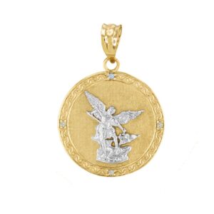 14k gold saint michael diamond medal charm pendant (white-and-yellow-gold), 1"