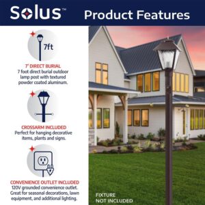 Solus SP7-C-BZ 7' Outdoor Direct Burial Lamp Post with Cross Arm & Grounded Convenience Outlet, Fits 3" Post Top Fixtures, Includes Inlet Hole, Easy to Install, Corrosion & Weather Resistant, Bronze