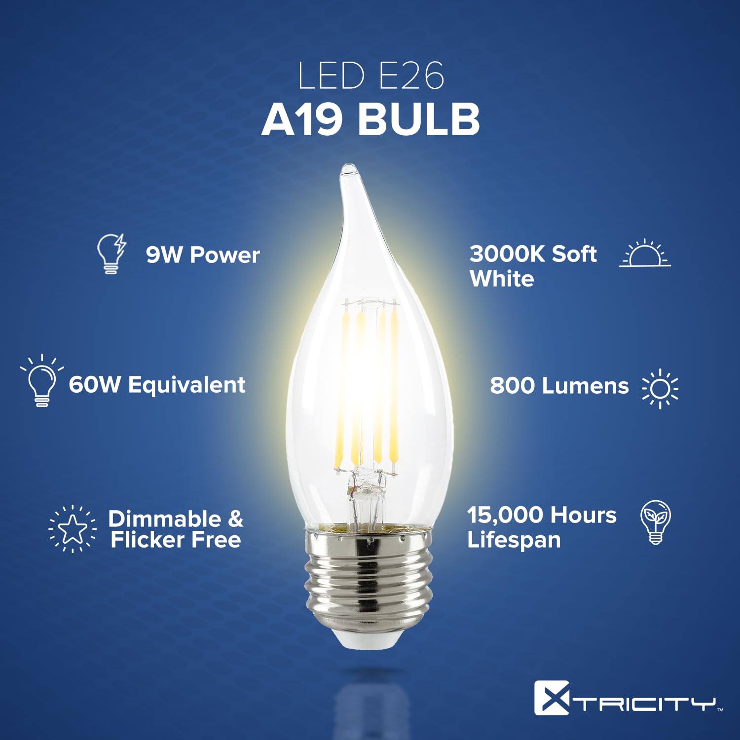 Xtricity LED 5.5W Flame Tip Clear Filament Chandelier Bulbs, 60W Equivalent Chandler Light Bulbs, 500 Lumens, 3000K Soft White, Dimmable, 120V, E26 Medium Base, Energy Star, Clear (6 Pack)