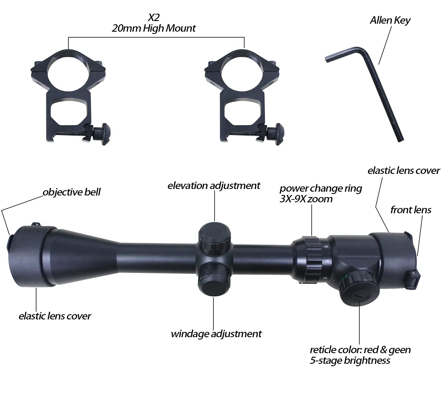 Sutekus Tactical Scope 3-9x40 Rangefinder Red & Green Illuminated Optics Reticle Crosshair Scope with 0.79"(20mm) Free Mounts