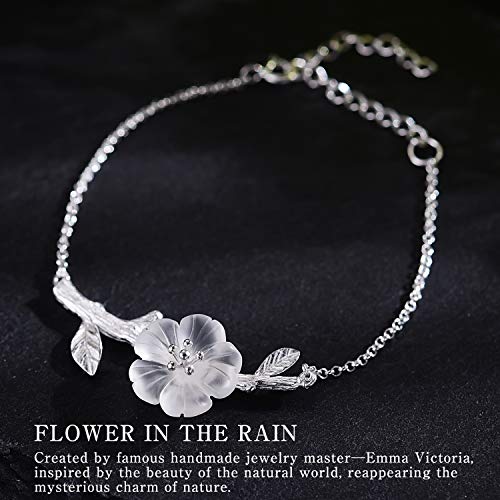 Lotus Fun S925 Sterling Silver Bracelet Simulated Crystal Flower in the Rain Adjustable Bracelets with Chain length 6.5''-8.66'', Handmade Unique Jewelry for Women and Girls (Transparent)