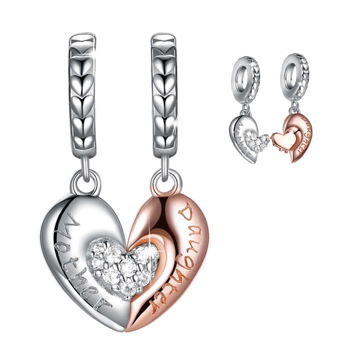 FOREVER QUEEN Mom Mother Daughter Heart Love Charms Dangle Charm Bead Set Fit Pandora Bracelet for European Snake Chain 925 Sterling Silver Pendant for Necklace