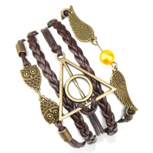 vonder handcrafted harry potter bracelet,bronze owls wings golden bead charm,dove of peace bracelet,coffee leather & rope wristband bracelet