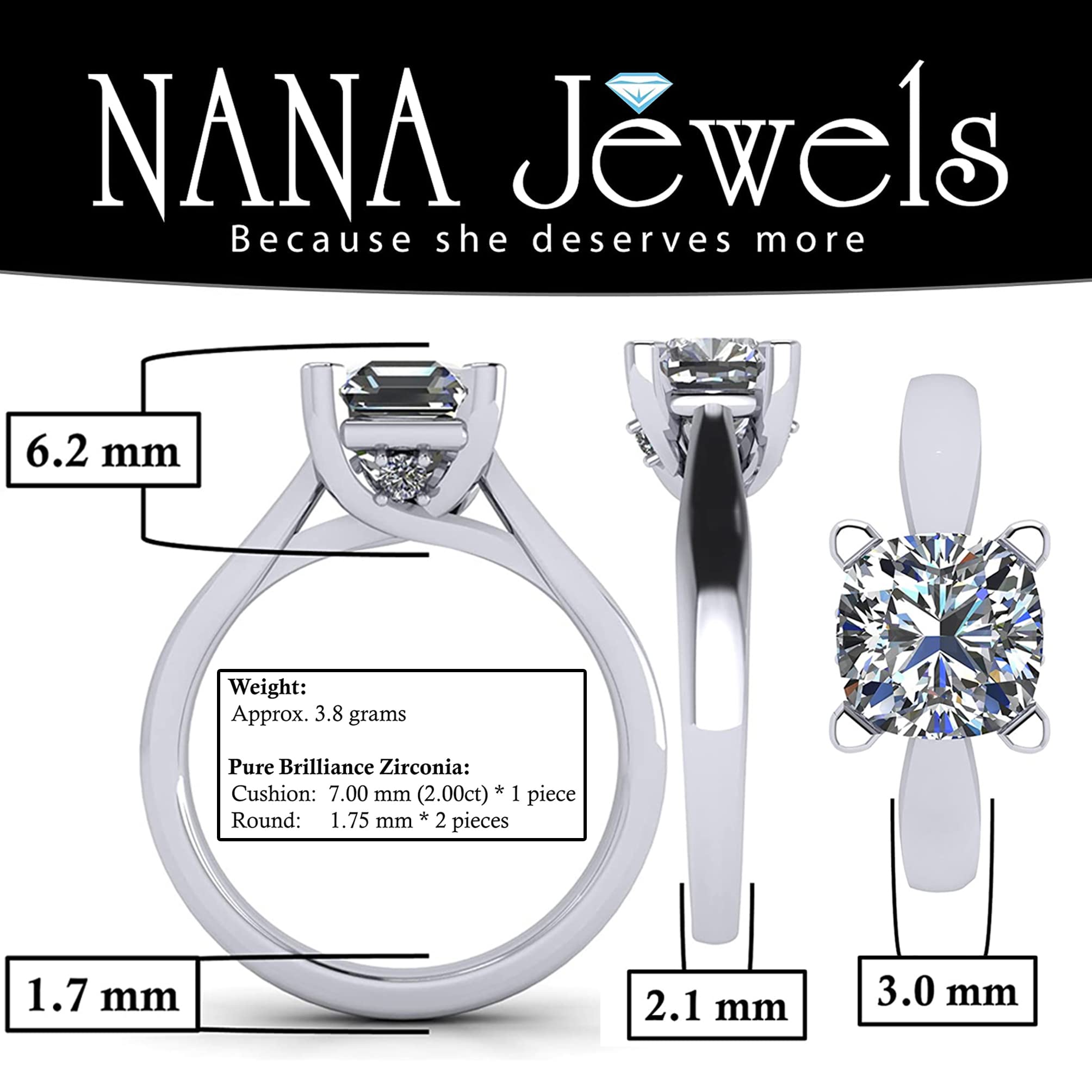 NANA Jewels Cushion Cut CZ Lucita Cubic Zirconia Engagement Ring Solitaire, 7.0mm 2.00ct Platinum Plated Size 7.5