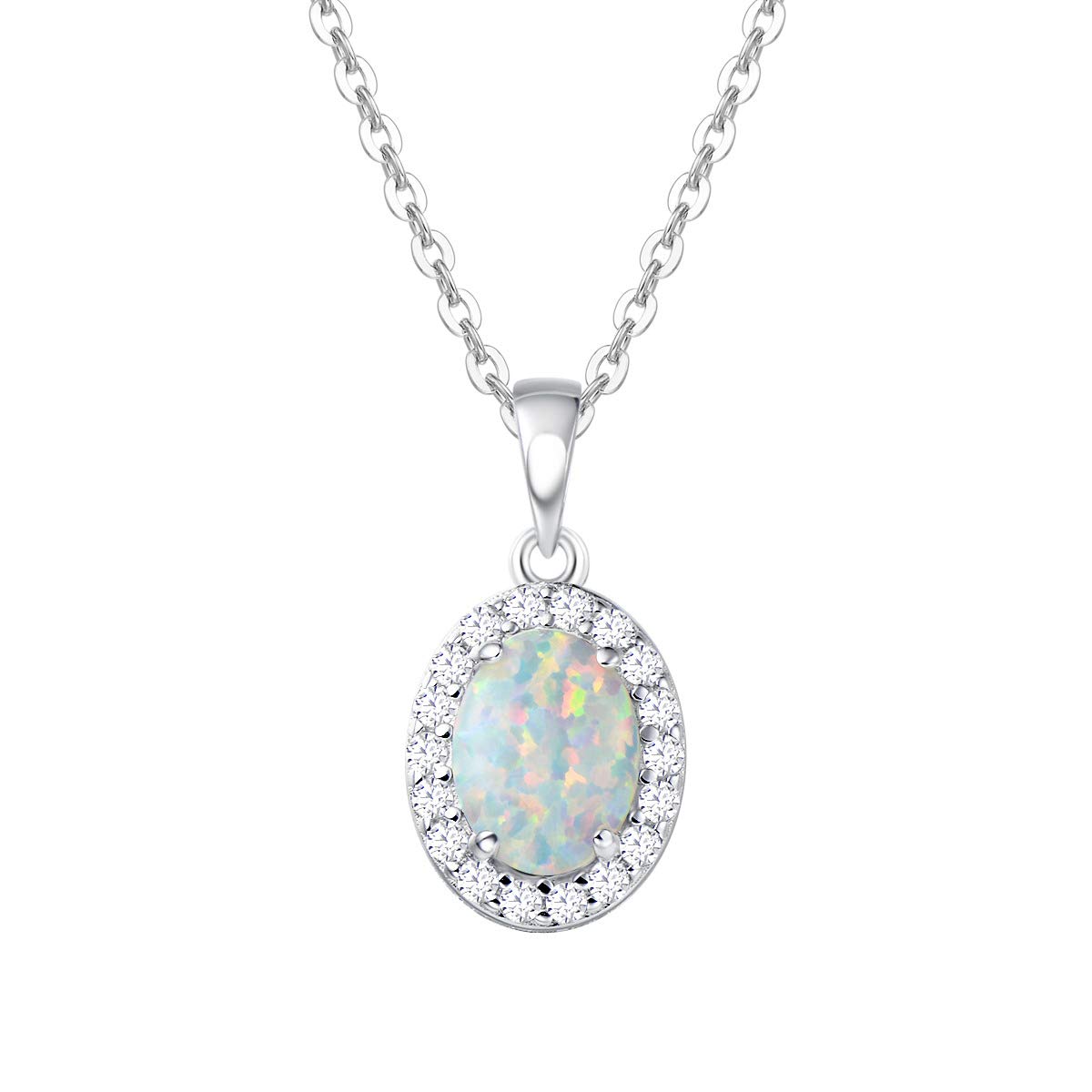 FANCIME 925 Sterling Silver Oval Necklace White Created Opal Pendant Delicate Cubic Zirconia Jewelry Mother's Day Gifts for Women 16"+2"