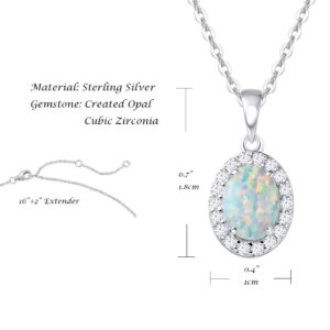 FANCIME 925 Sterling Silver Oval Necklace White Created Opal Pendant Delicate Cubic Zirconia Jewelry Mother's Day Gifts for Women 16"+2"