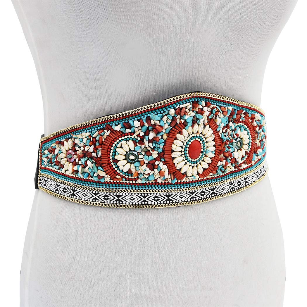 NSLS Elastic Waist Belt Bohemian Adjustable Wide Waist Chain with Turquoise Beads Stone for Women Dancing Dress(A)