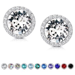 kesaplan sterling silver crystals stud earrings for women, made of austria crystals, round-cut rhinestone halo bridal earring hypoallergenic white