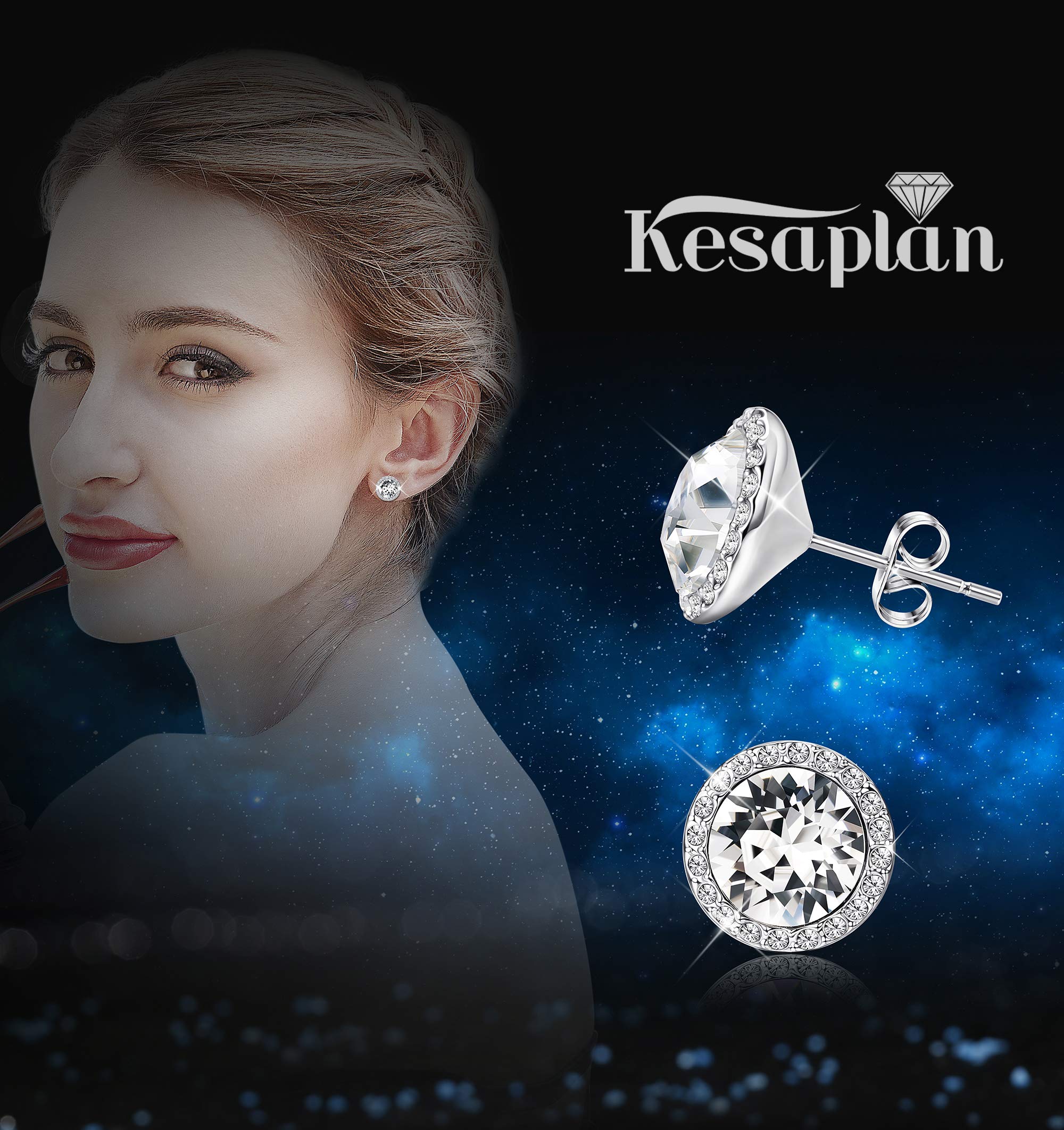 KesaPlan Sterling Silver Crystals Stud Earrings for Women, Made of Austria Crystals, Round-Cut Rhinestone Halo Bridal Earring Hypoallergenic White