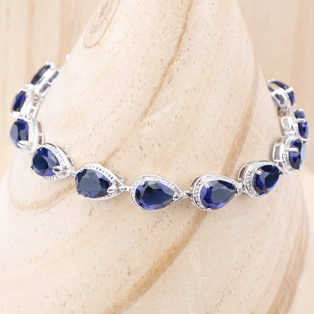 GZJY water drop shape jewelry set royal blue crystal bracelet necklace earrings for women (Blue)