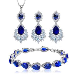 gzjy water drop shape jewelry set royal blue crystal bracelet necklace earrings for women (blue)