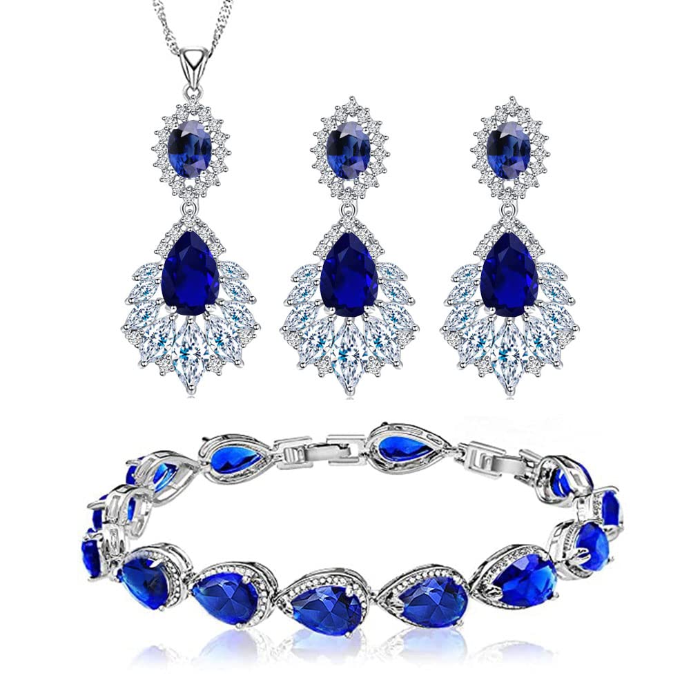 GZJY water drop shape jewelry set royal blue crystal bracelet necklace earrings for women (Blue)