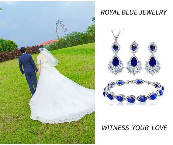 GZJY water drop shape jewelry set royal blue crystal bracelet necklace earrings for women (Blue)