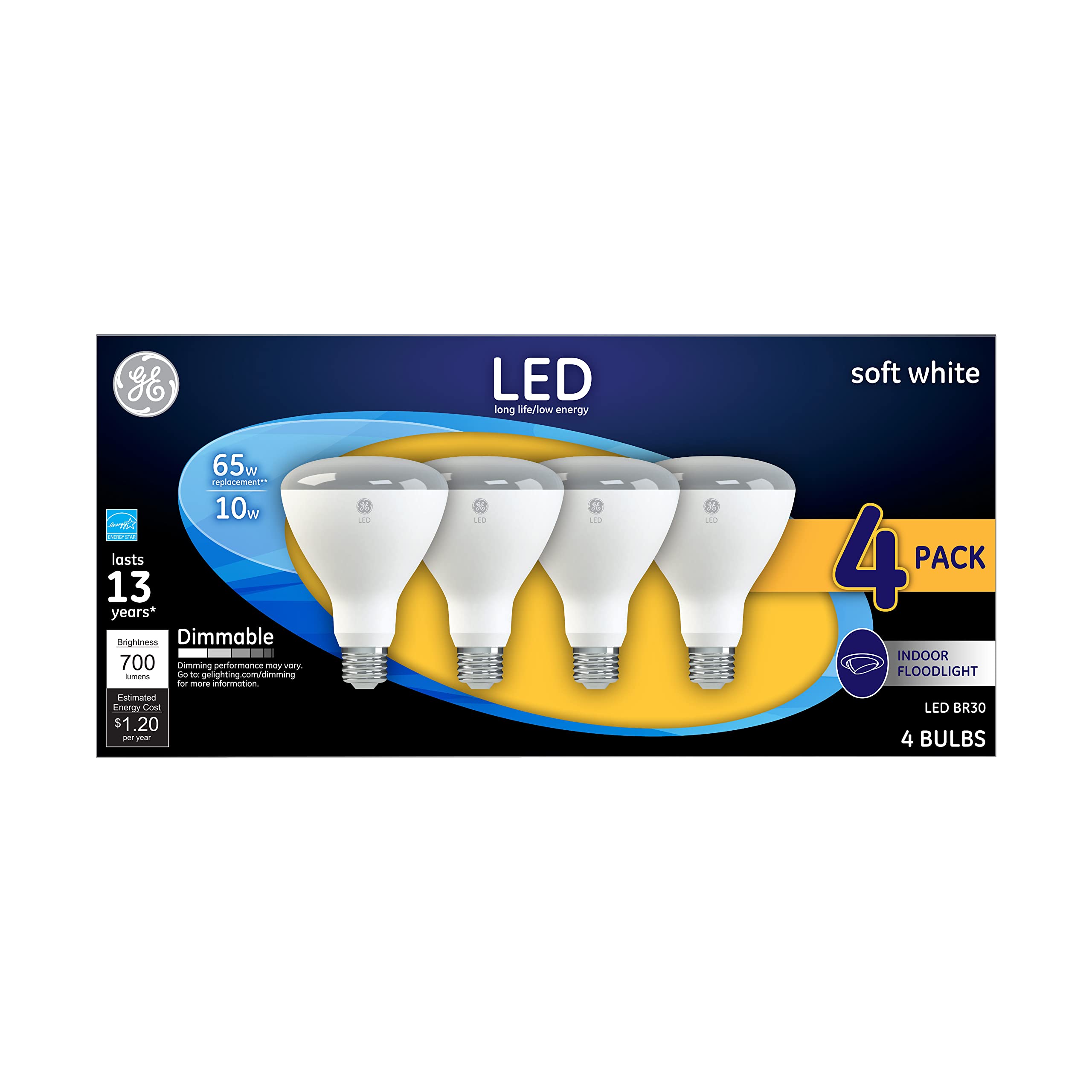 GE Lighting LED Indoor Floodlight Bulbs, 10 Watt (65 Watt Equivalent) Soft White, BR30 Bulb Type, Medium Base, Dimmable (4 Pack)