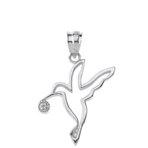 fine 14k white gold solitaire diamond outline flying hummingbird nature charm pendant