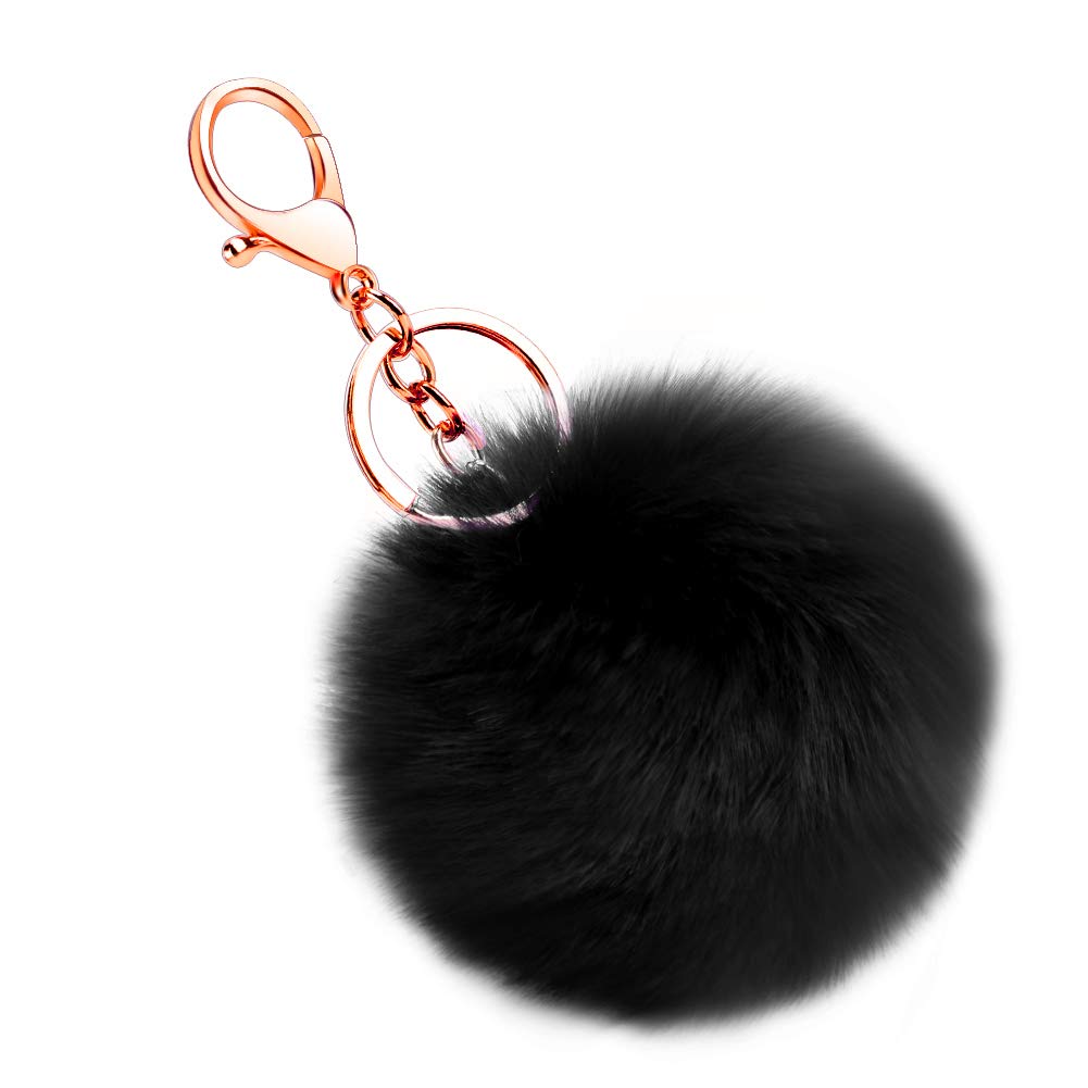 Soleebee Soft Artificial Rabbit Fur Keychain Plush Ball Key Ring Cute Pom Pom Bag Charm for Women Girls (Black)