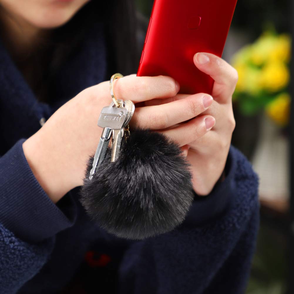 Soleebee Soft Artificial Rabbit Fur Keychain Plush Ball Key Ring Cute Pom Pom Bag Charm for Women Girls (Black)