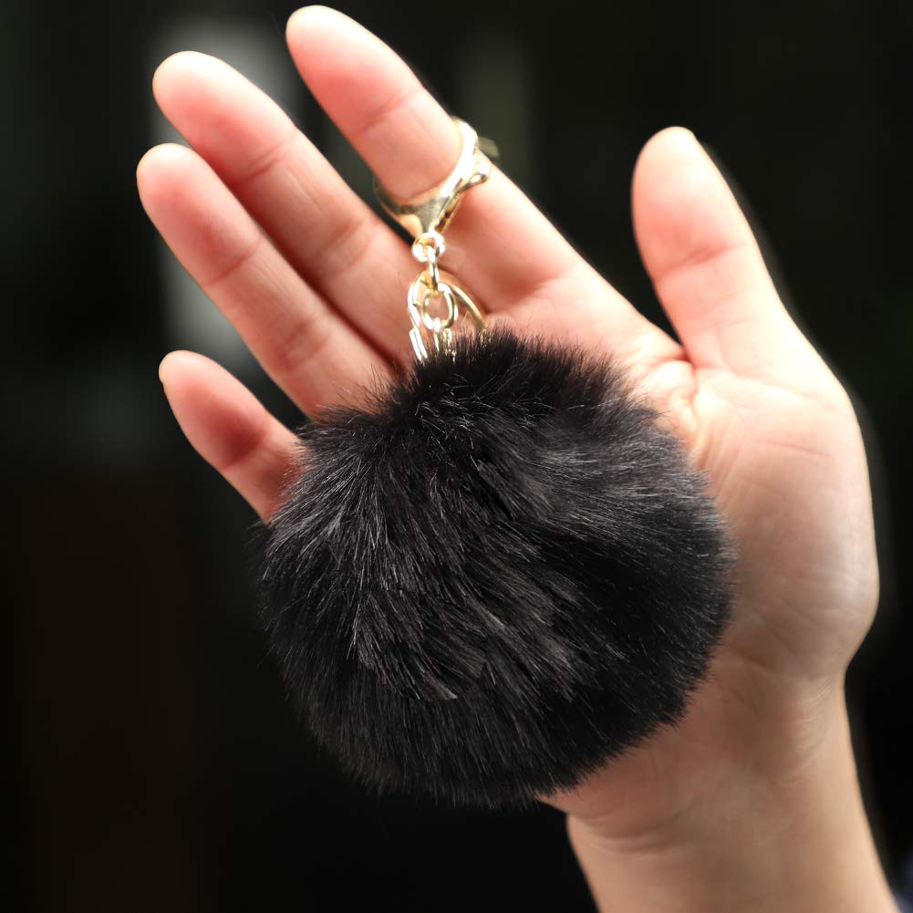 Soleebee Soft Artificial Rabbit Fur Keychain Plush Ball Key Ring Cute Pom Pom Bag Charm for Women Girls (Black)